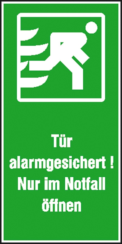 Rettungszeichen: Tür alarmgesichert! Nur im Notfall öffnen | Aufkleber | 7,4x14,8cm online kaufen